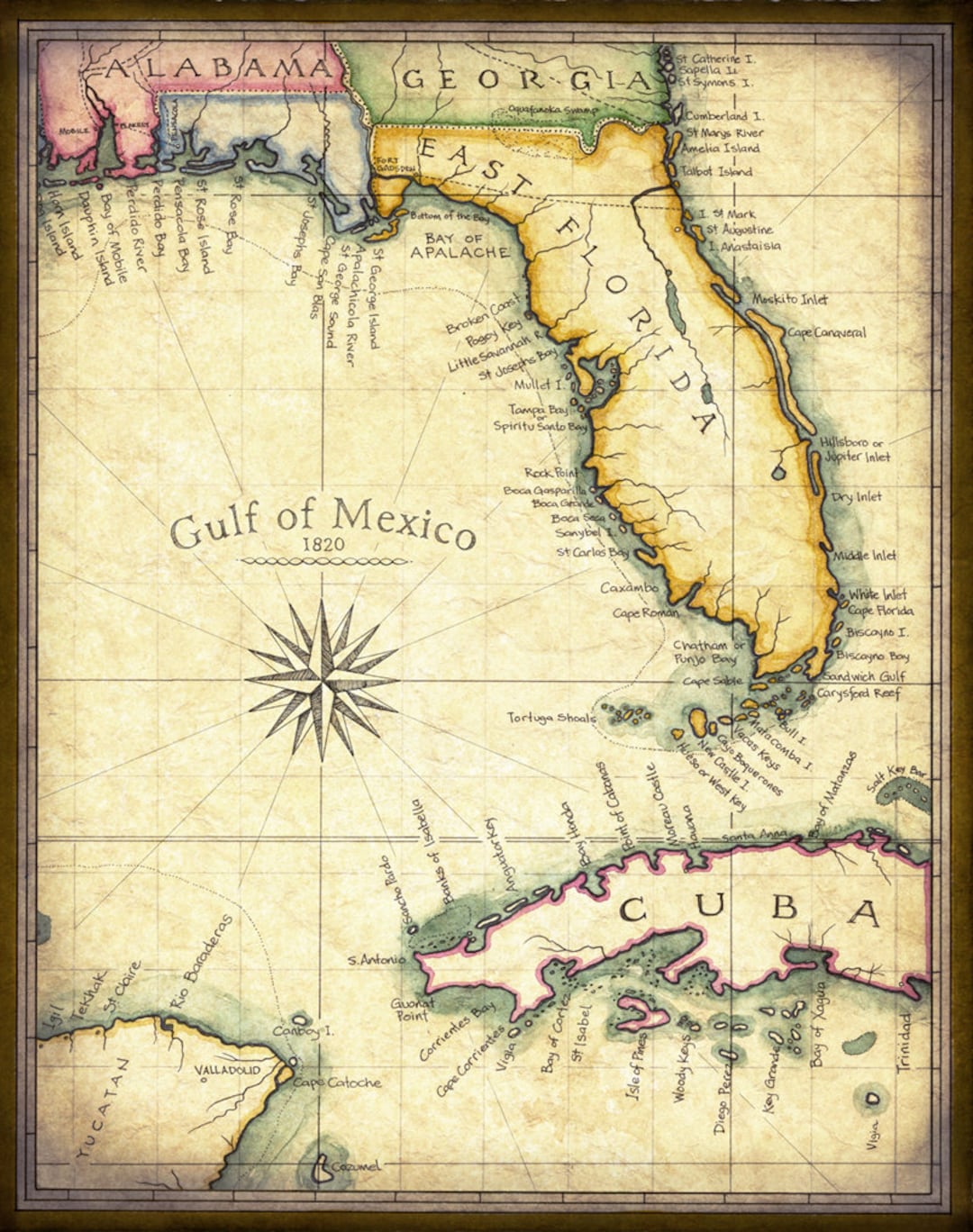 Florida Map Art 1820 - 11" X 14" +, Prints From Hand Drawing - Florida ...