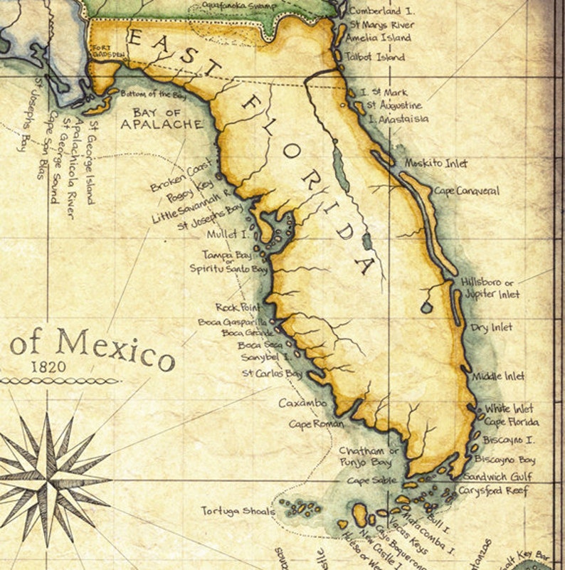 Florida Map Art 1820 11 X 14 Prints From Hand - Etsy