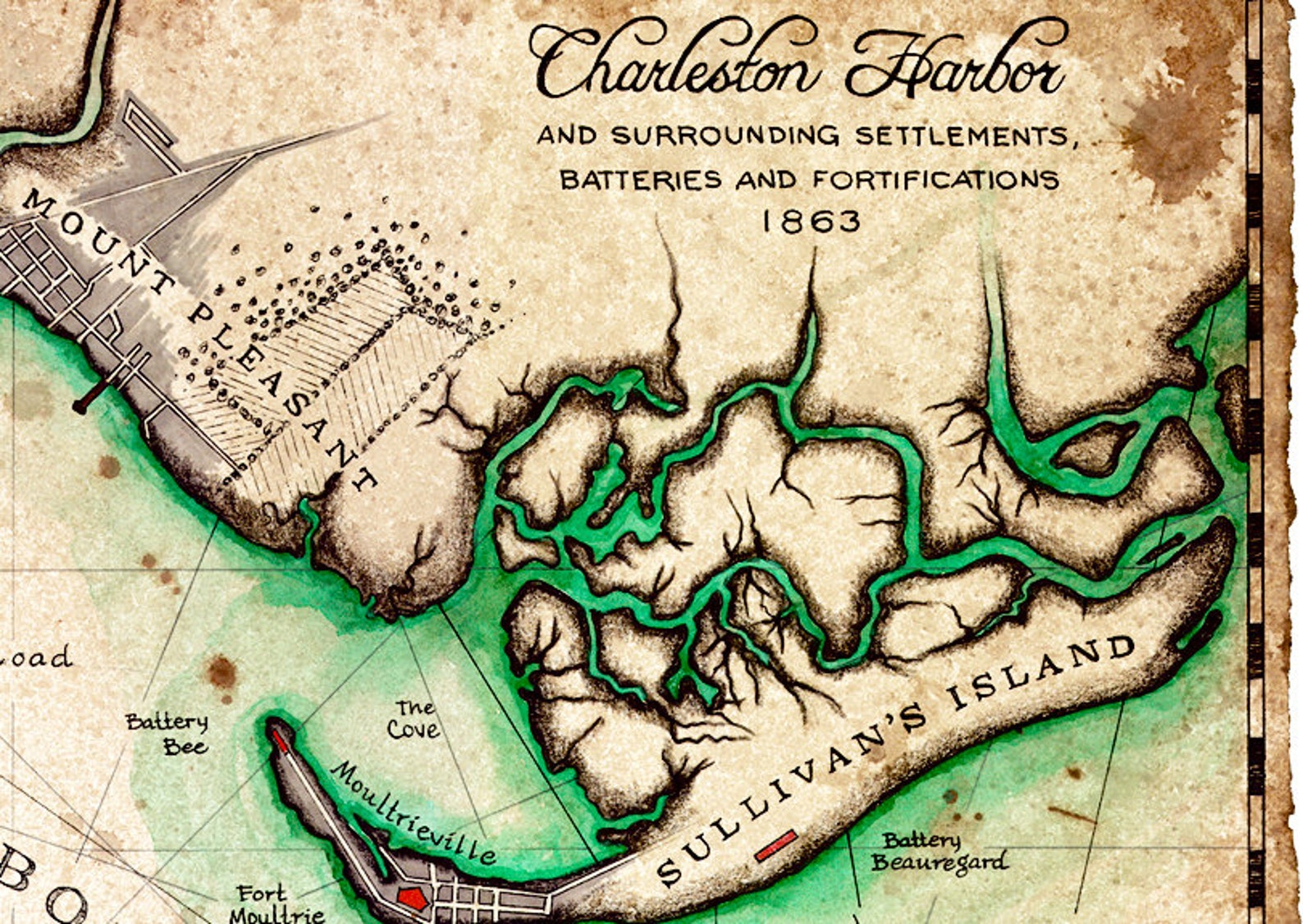 Charleston Harbor Hand Drawn Artwork, 11" X 15", Civil War Era Maps ...