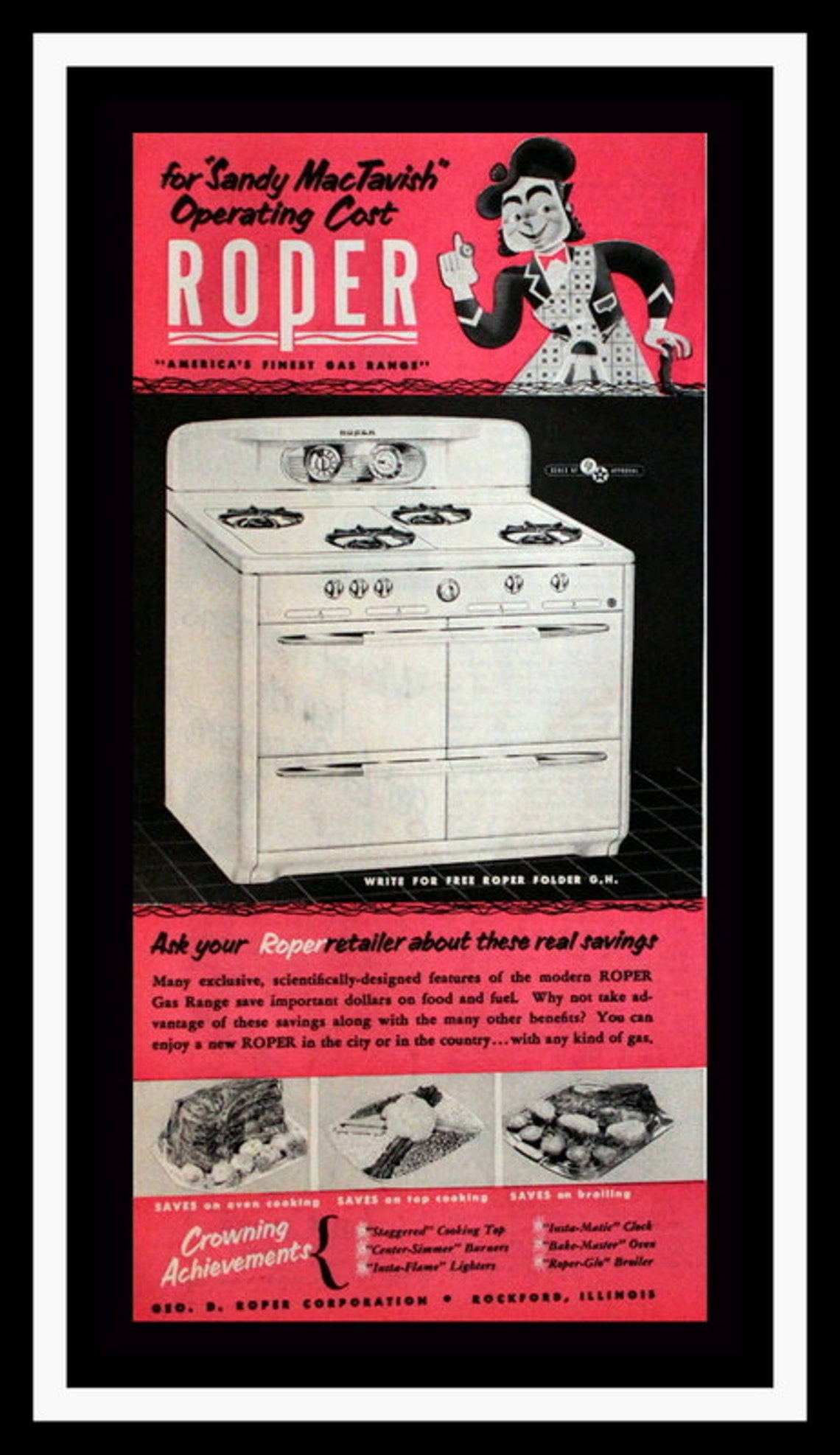 1951 Roper Gas Range Ad with Sandy McTavish Cartoon Kitchen | Etsy