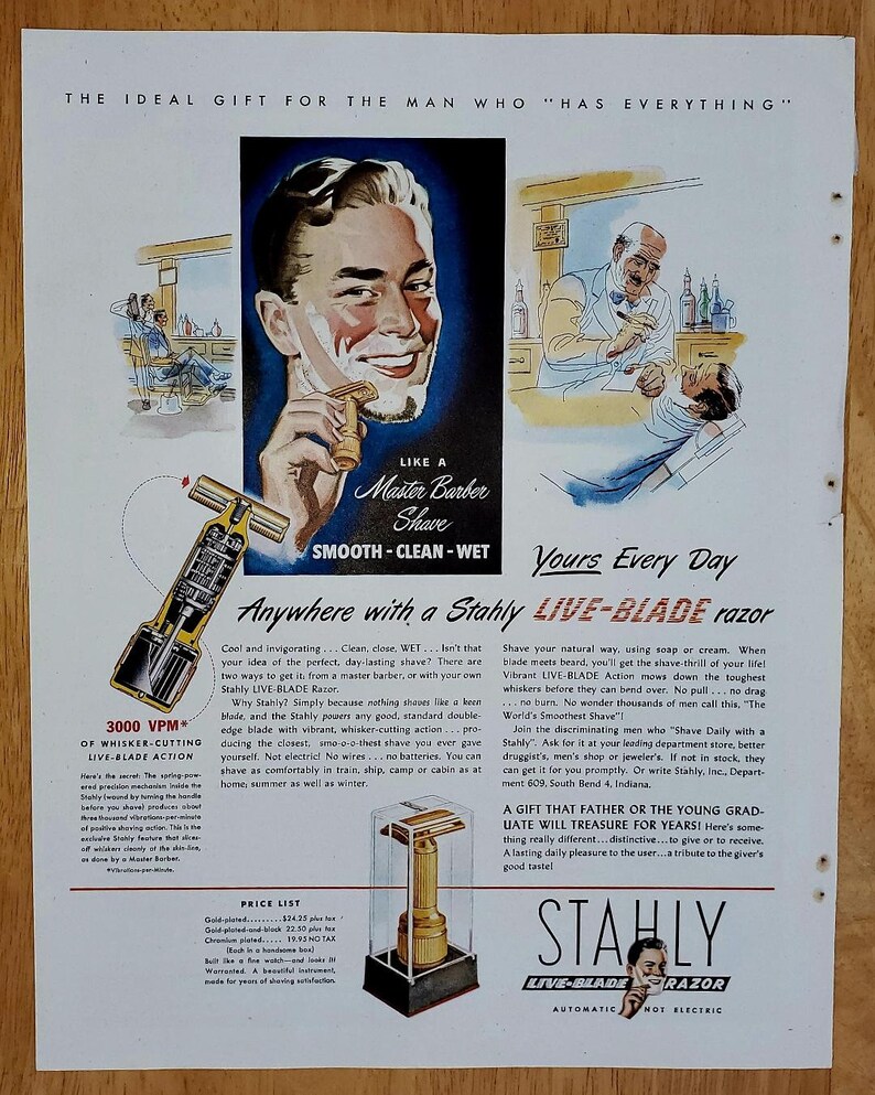 1947 Stahly Live Blade Razor Ad Shaving Grooming Wall | Etsy