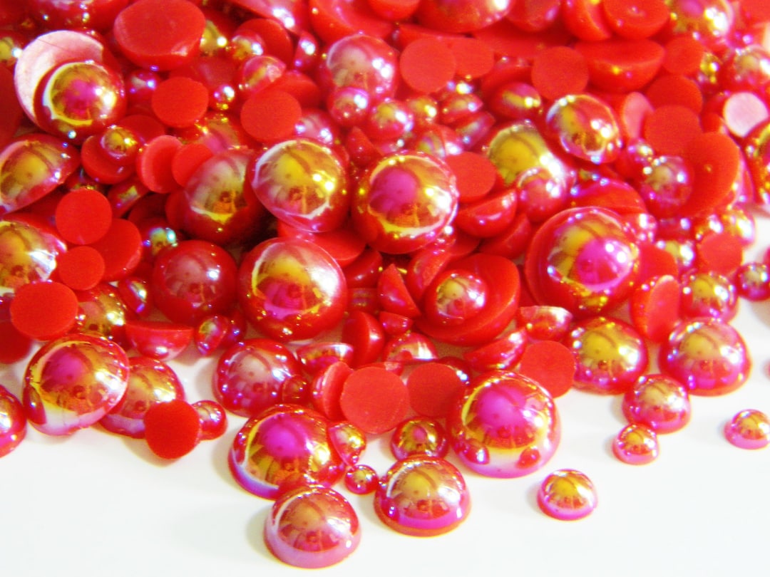 RED AB Mixed Sizes Flatback Faux Half Round Pearls Embellishments 3mm ...