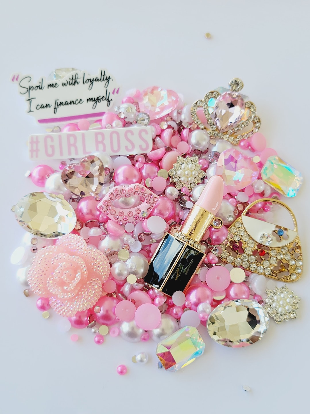 DIY Alloy Gold Crown Tiara Pink Flatback Resin Bow Flower Lipstick Lips ...