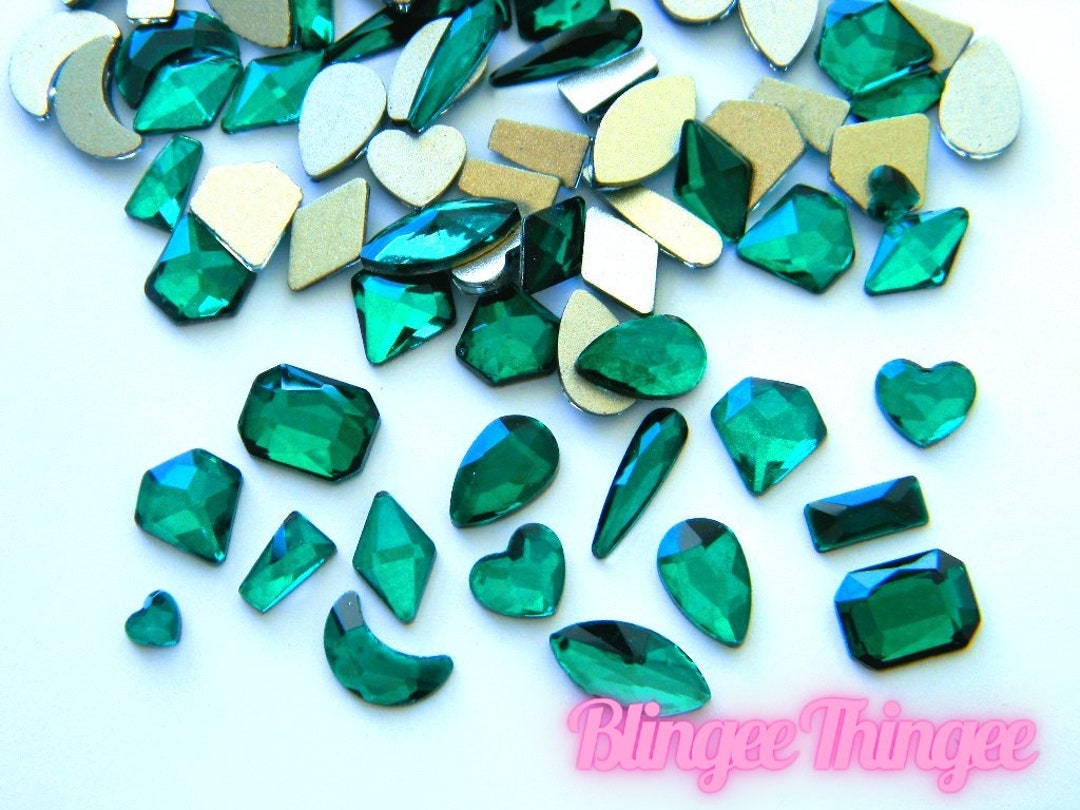 EMERALD ASSORTED Shapes Nail Art Gems Flatback Faceted Rhinestone Gem ...