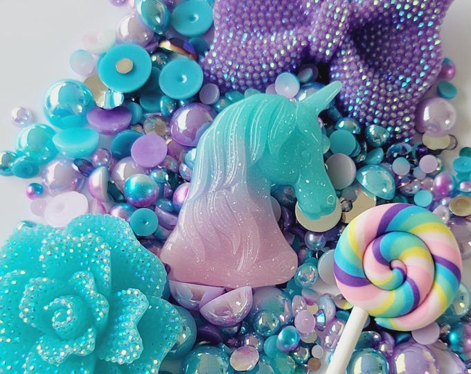 DIY Big Purple Bow Turquoise Flower Unicorn Flatback Resin Kawaii ...