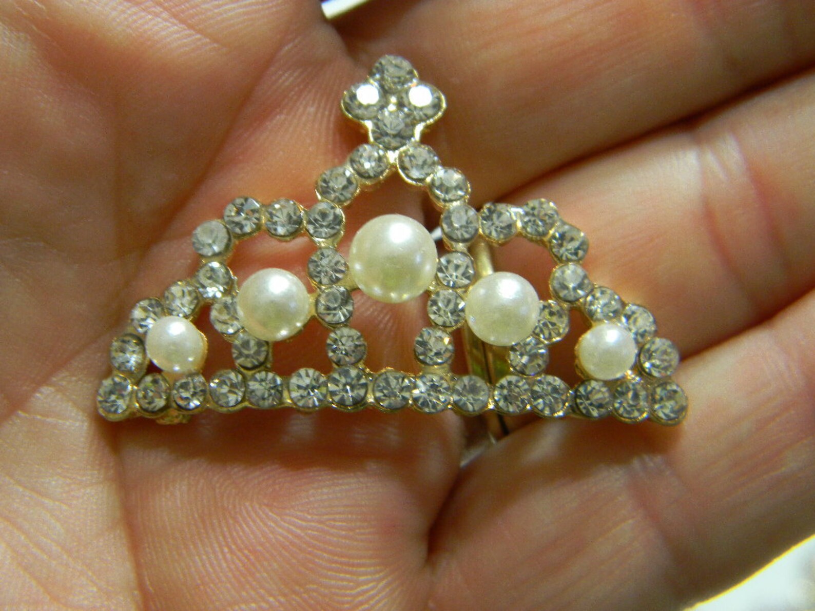 Small Tiara Gold Metal Rhinestone Faux Ivory Pearl Crown Embellishment ...