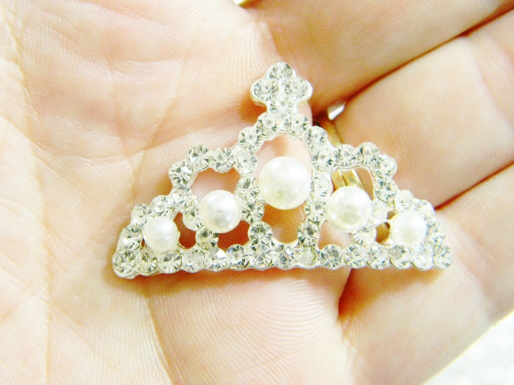 Small Tiara Silver Metal Rhinestone Faux Ivory Pearl Crown ...