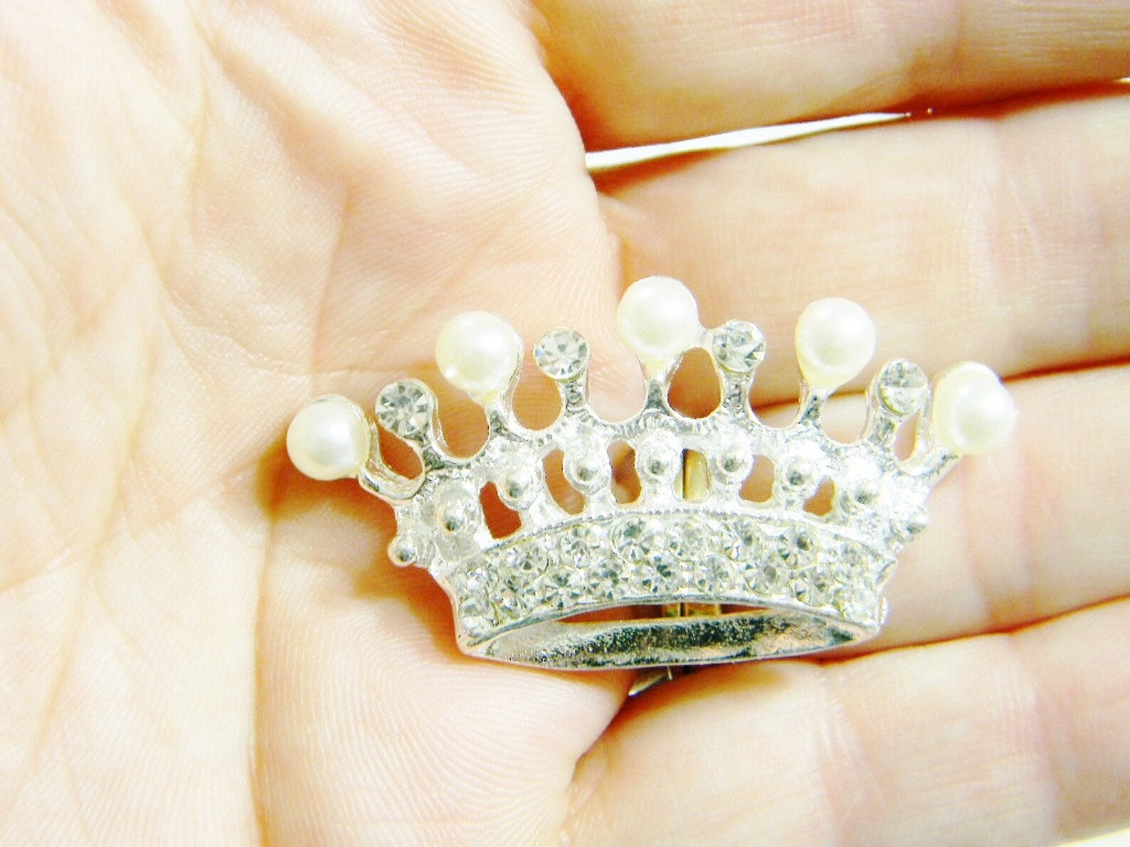 Small Tiara Silver Metal Rhinestone Faux Ivory Pearl Crown ...