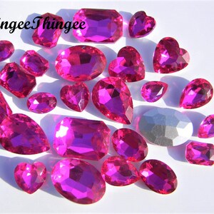 HOT PINK Fuschia Glass Point Back Gems Jewels Rhinestones Hearts ...