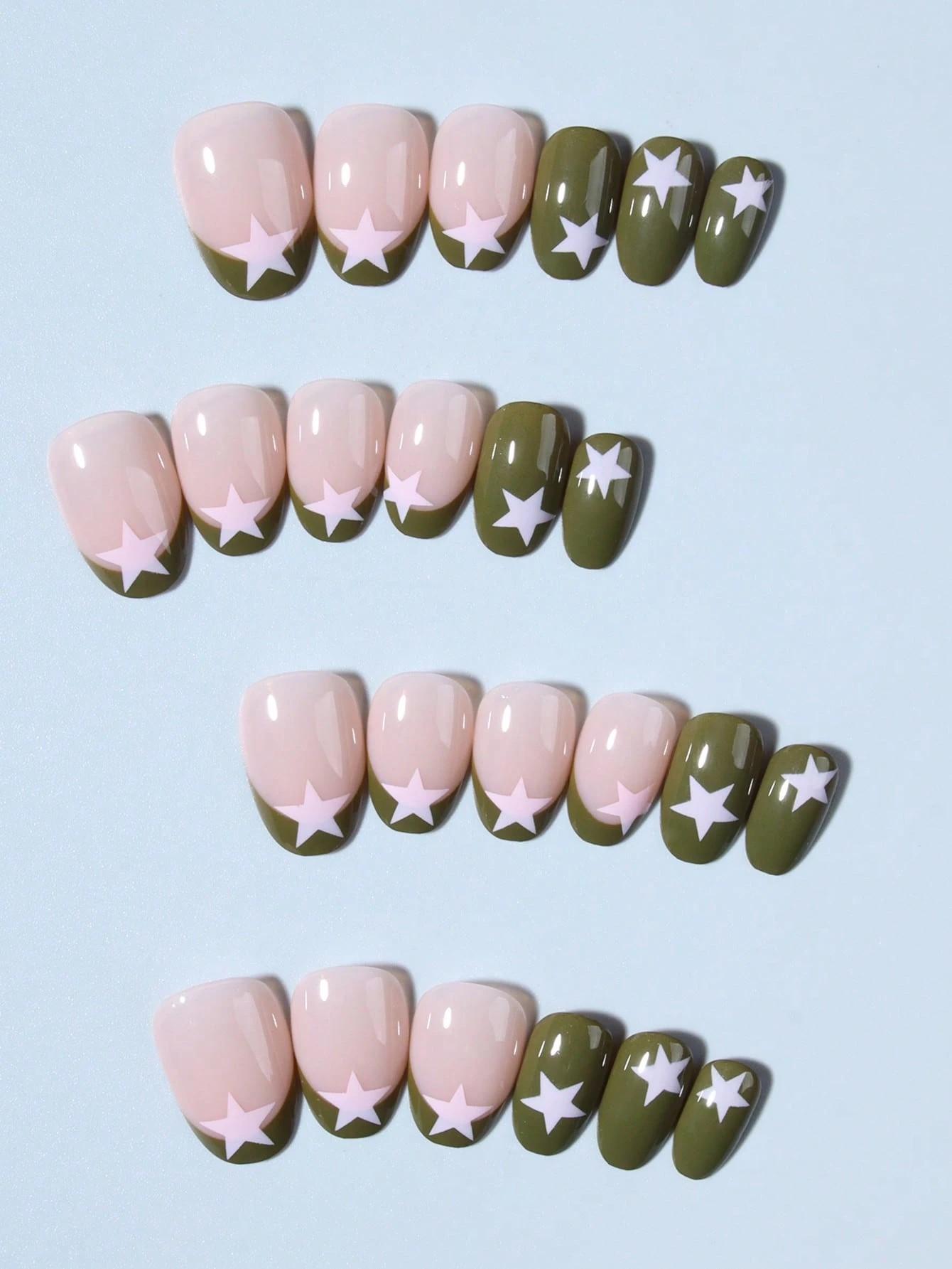 DIY 24 Pieces French Press on Nails Military Green Stars Fake False ...