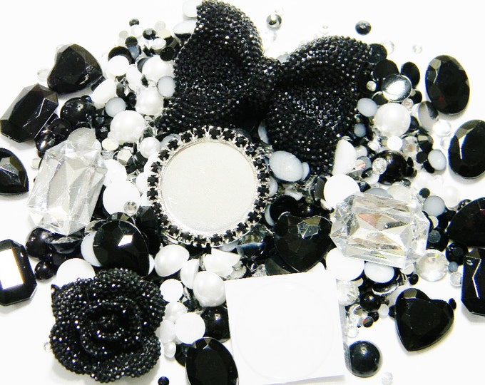 DIY Big Black Faux Rhinestone Bow 3D Flower Rose Flatback Resin Kawaii ...
