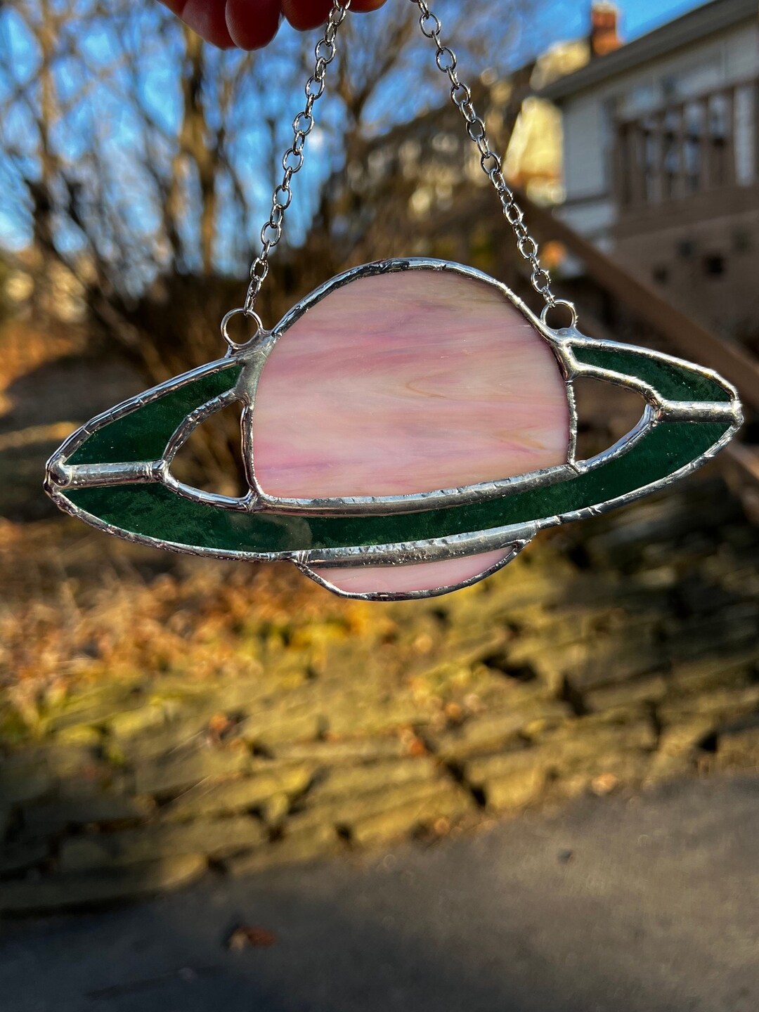Stained Glass Pink and Blue Saturn Glass Suncatcher Outer - Etsy