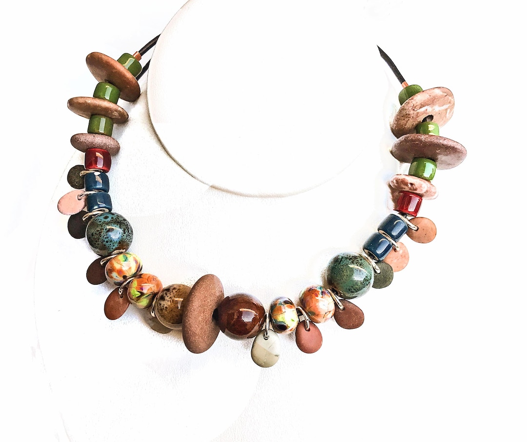 River Rock Necklace, Artisan Ceramic Beads, Adjustable Light Weight ...