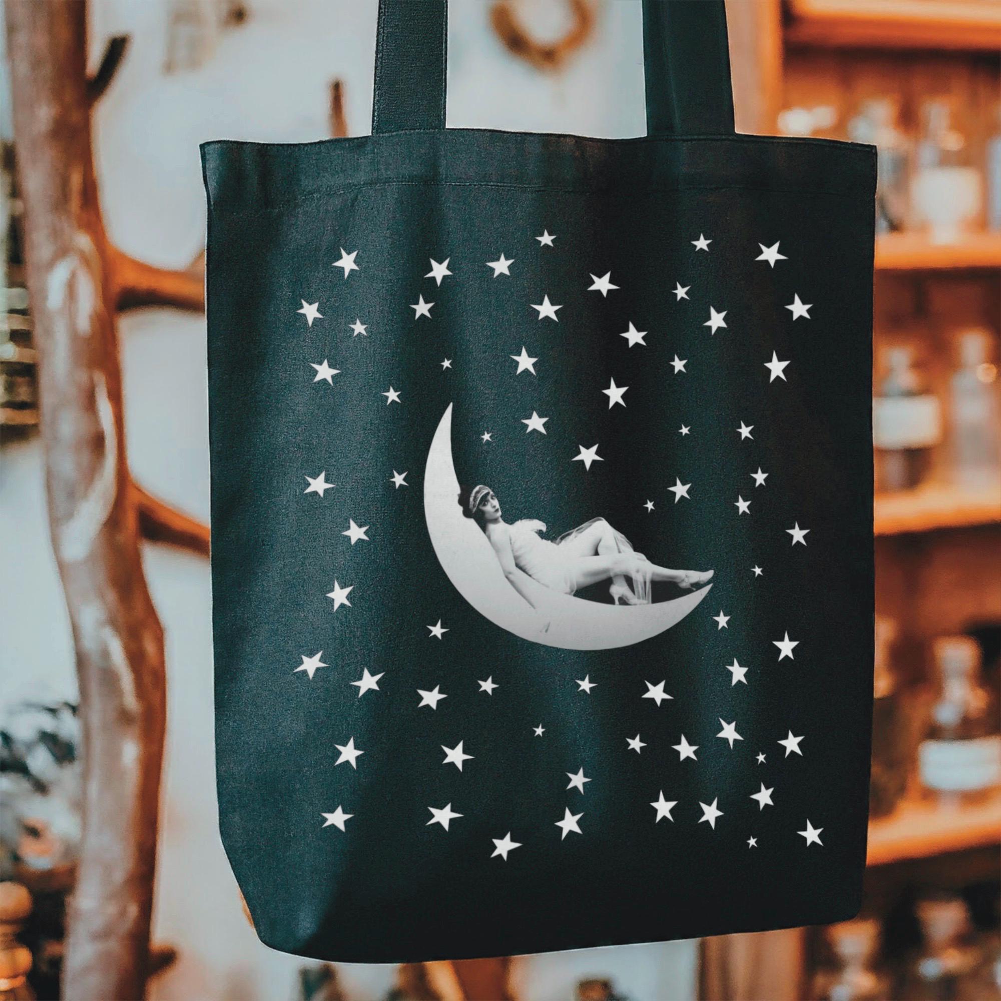 1920s Flapper Girl Moon & Stars Black Canvas Tote Bag - Etsy