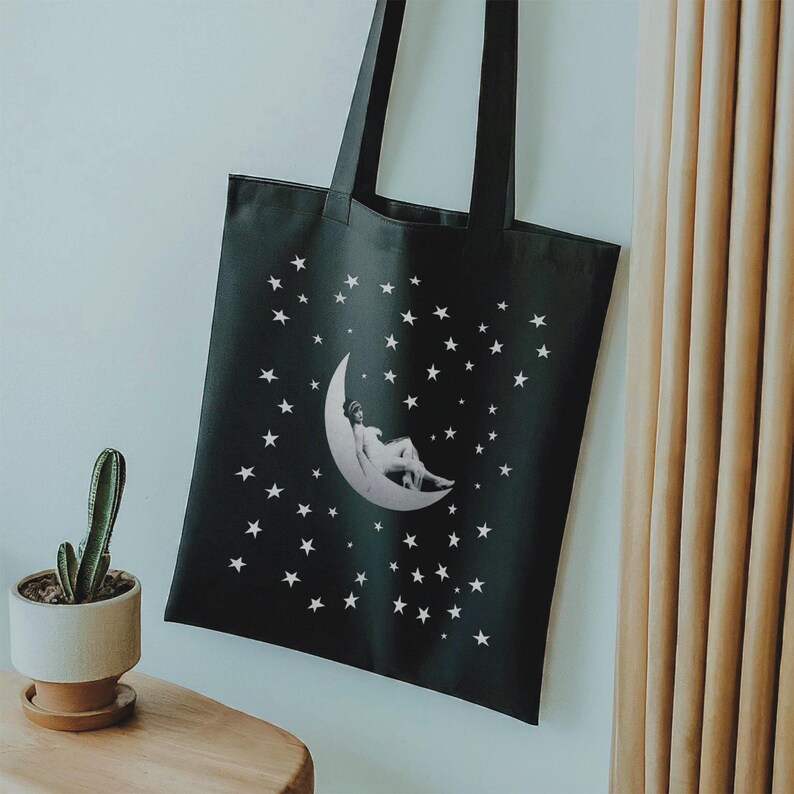 1920s Flapper Girl Moon & Stars Black Canvas Tote Bag - Etsy