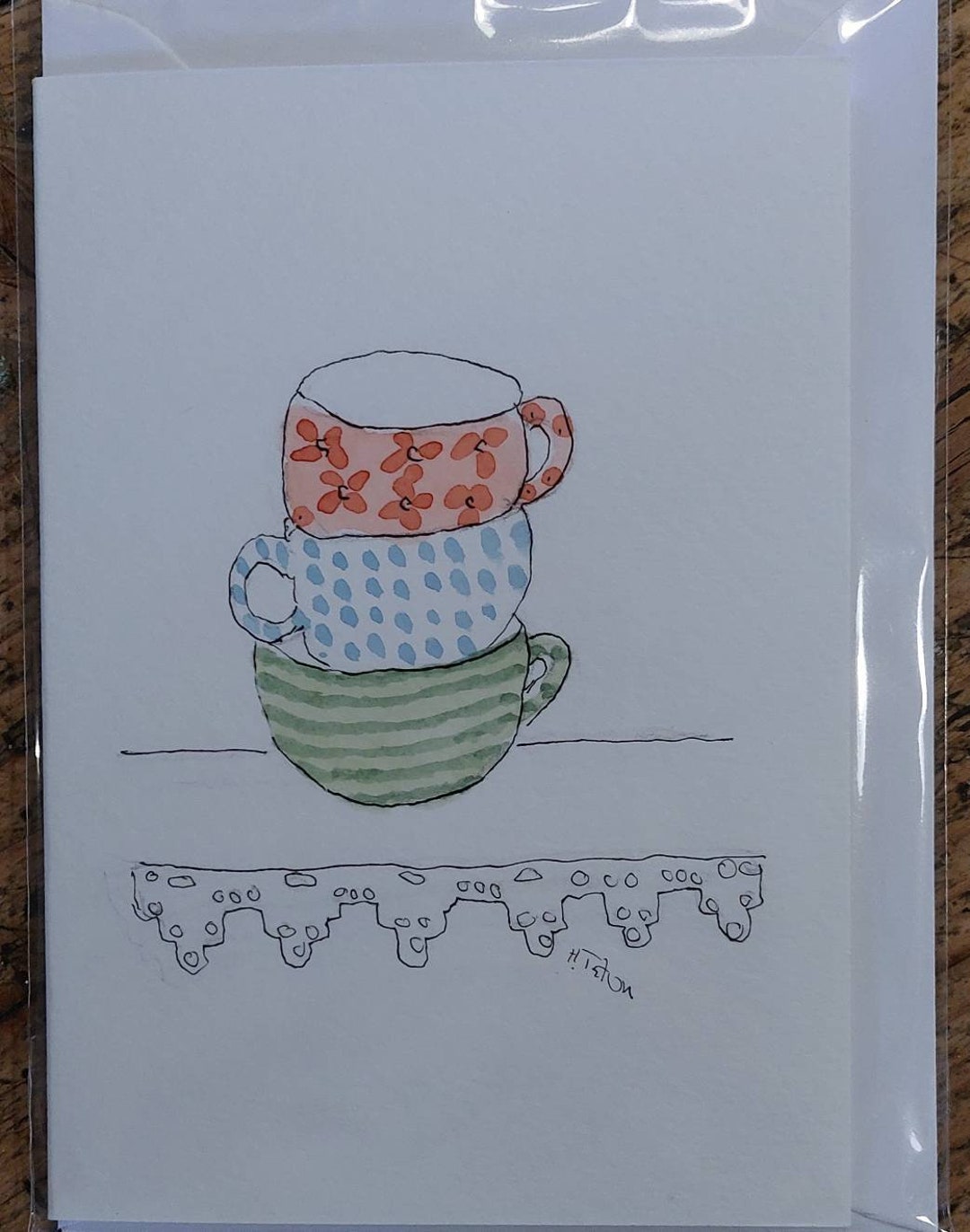 Tea Cups Card an Original Signed Watercolour OOAK Card. Blank Inside ...