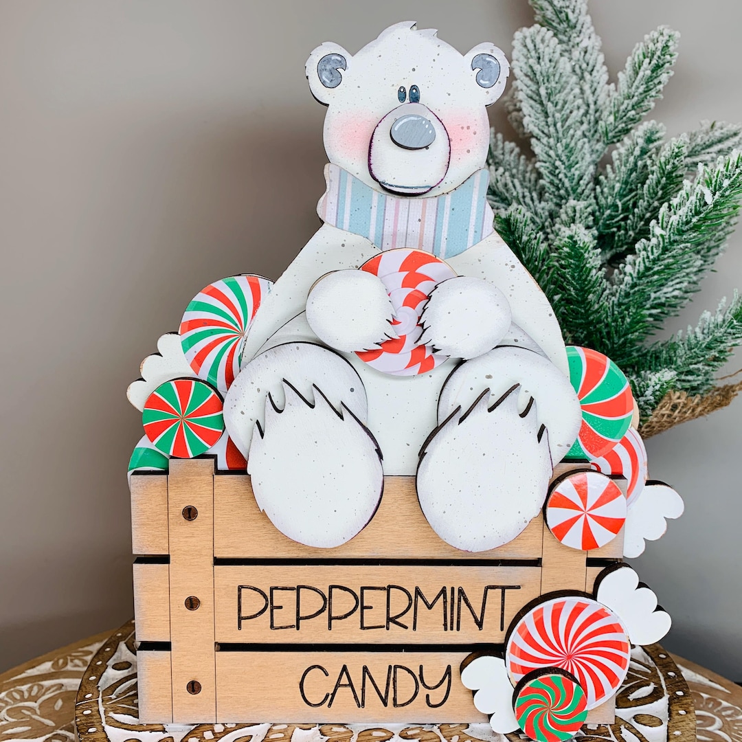 Winter Polar Bear on Wood Crate W/ Peppermint Candy Design, Holiday ...