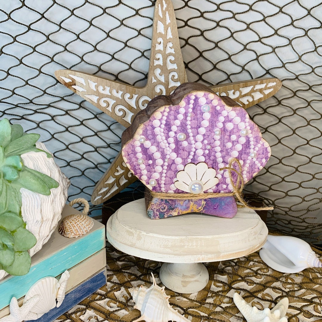 Clam Shell Shelf Sitter Wood Decoration, Seashell Tiered Tray Display ...