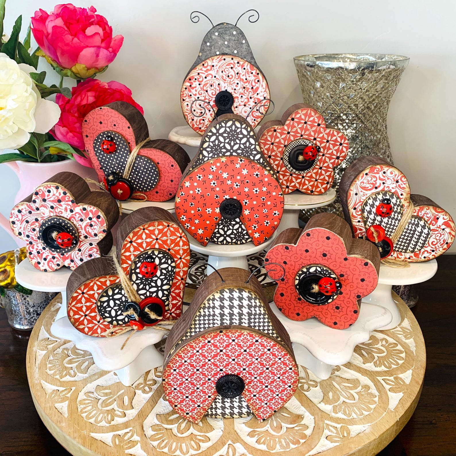 Wooden Ladybug Inspired Flower or Heart Shelf Sitter Decoration, Spring ...