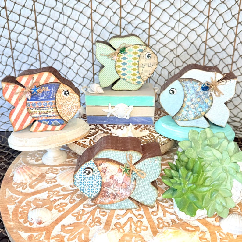 Tropical Fish Shelf Sitter Wood Decoration, Marine Life Tiered Tray ...