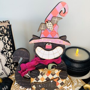 Whimsical Black Cat W/ Elegant Witch Hat Shelf Sitter, Halloween ...