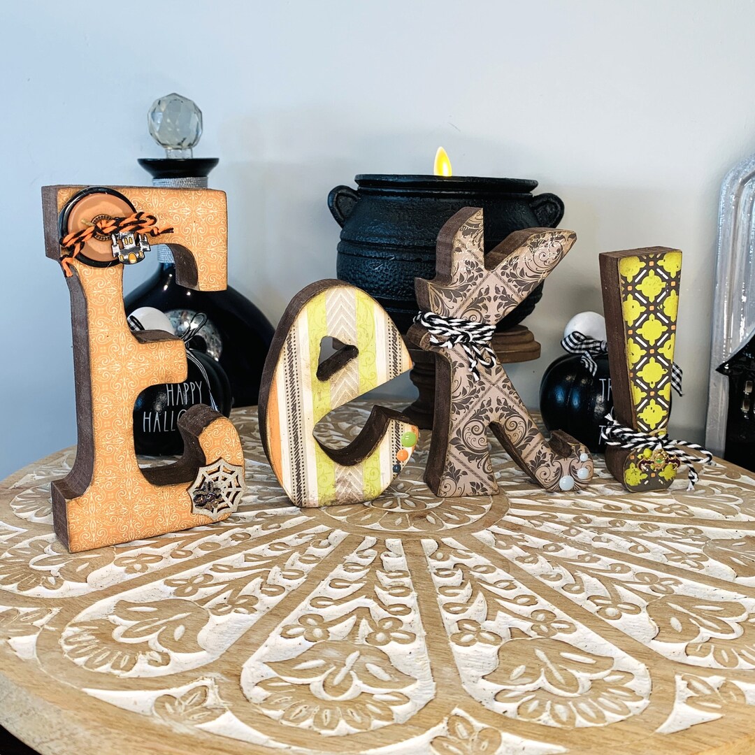 Wood Halloween EEK Block Letter Sign, Spooky Word Shelf Sitter Seasonal ...