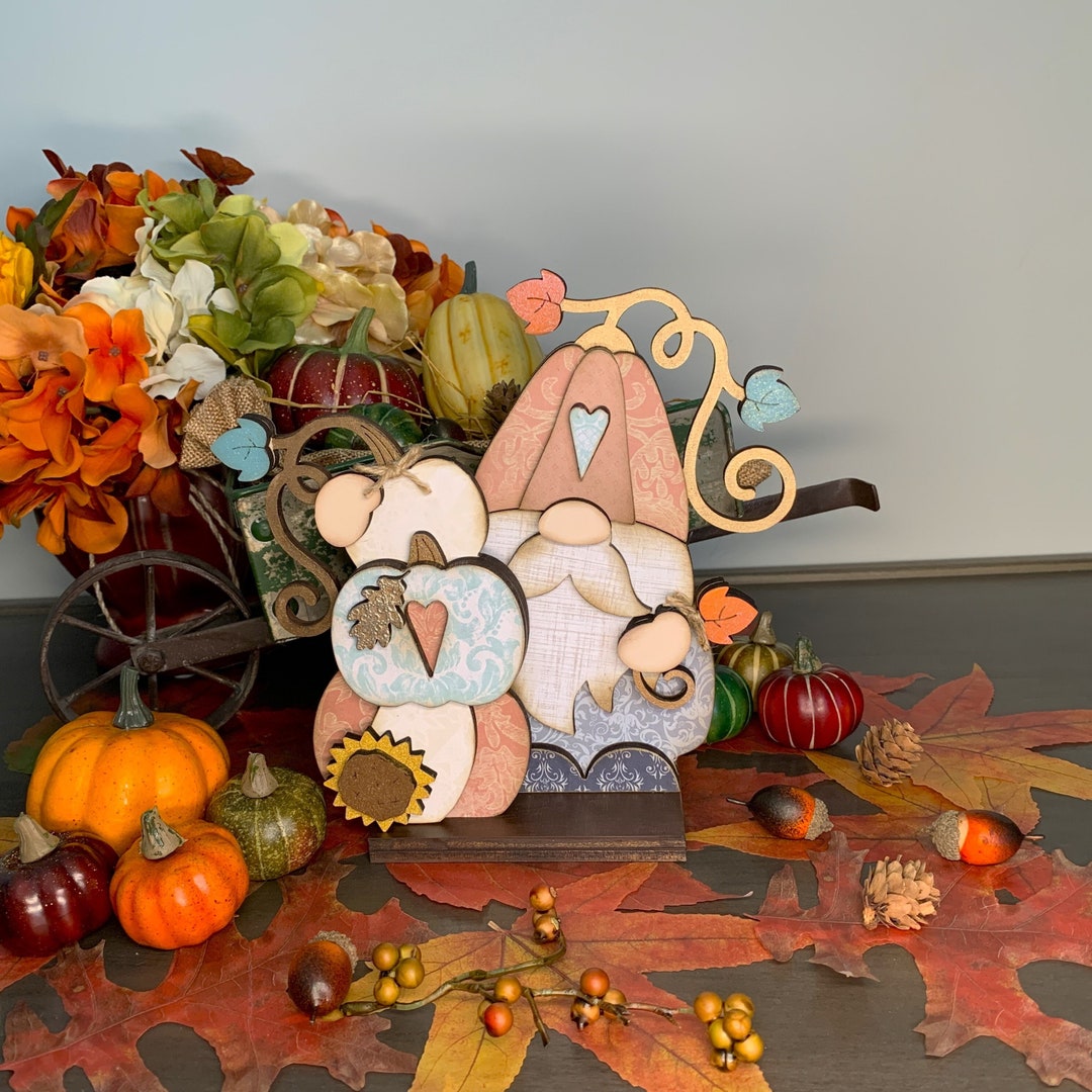 Whimsical Autumn Gnome Stacked Pumpkin Display, Prim Thanksgiving Gnome ...