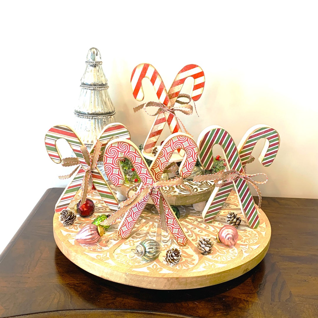 Holiday Wood Candy Canes Chunky Shelf Sitter; REVERSIBLE, Christmas ...