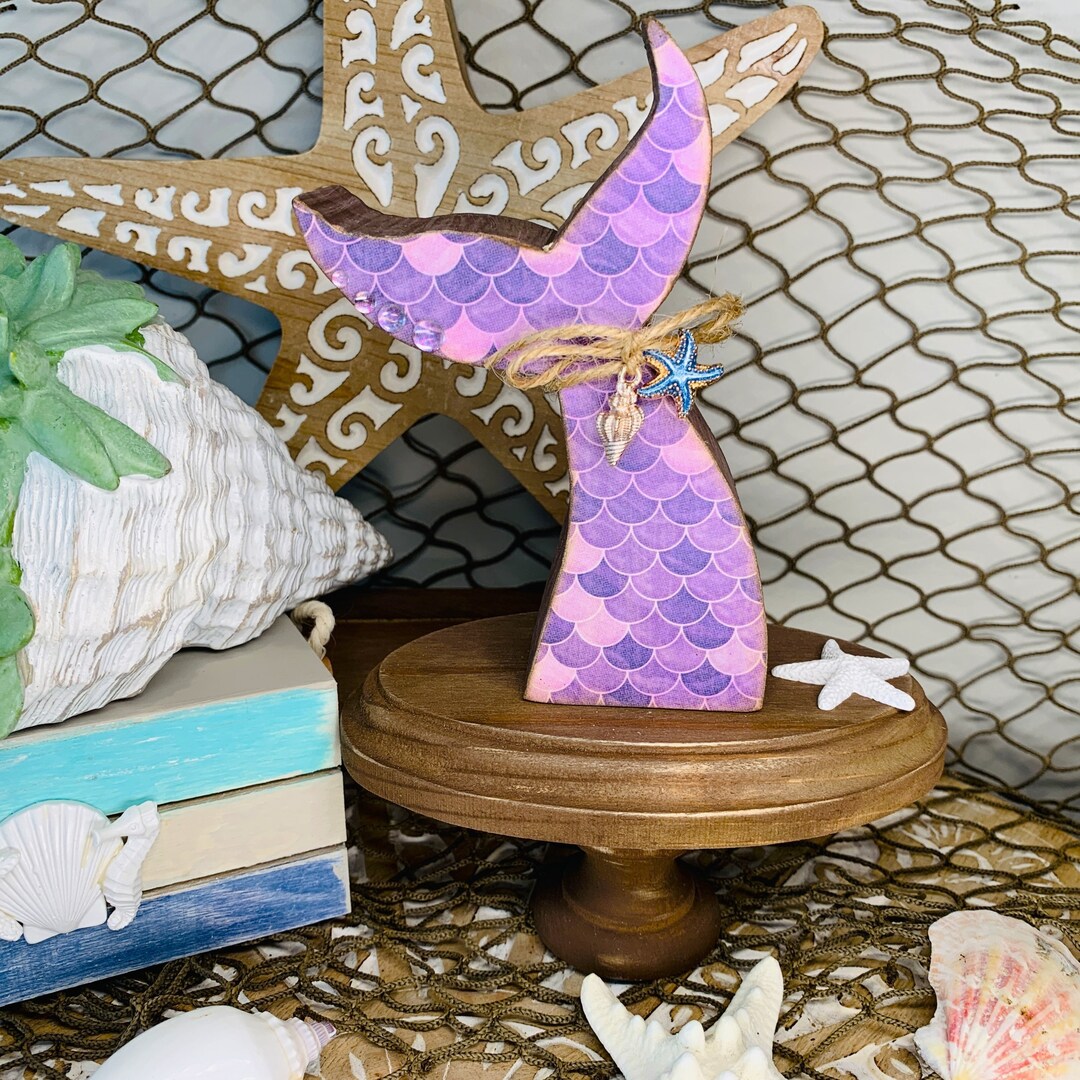 Whimsical Mermaid Tail Shelf Sitter Wood Decoration, Beach Tiered Tray ...
