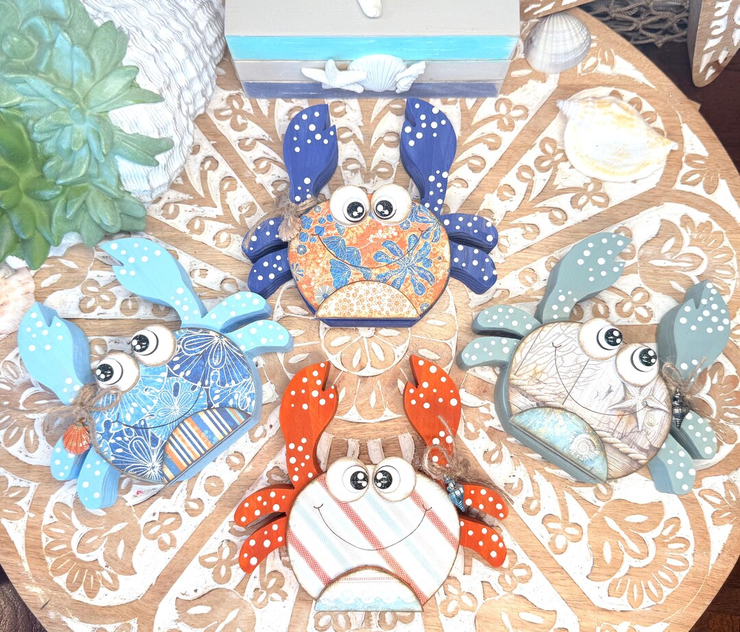 Whimsical Crab Shelf Sitter Wood Decoration, Marine Life Tiered Tray ...