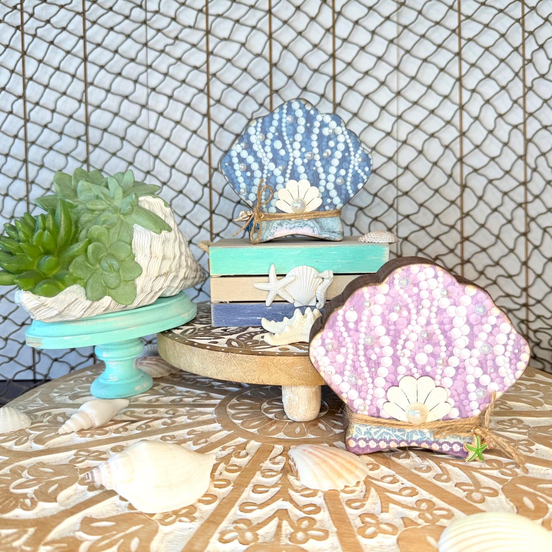 Clam Shell Shelf Sitter Wood Decoration, Seashell Tiered Tray Display ...