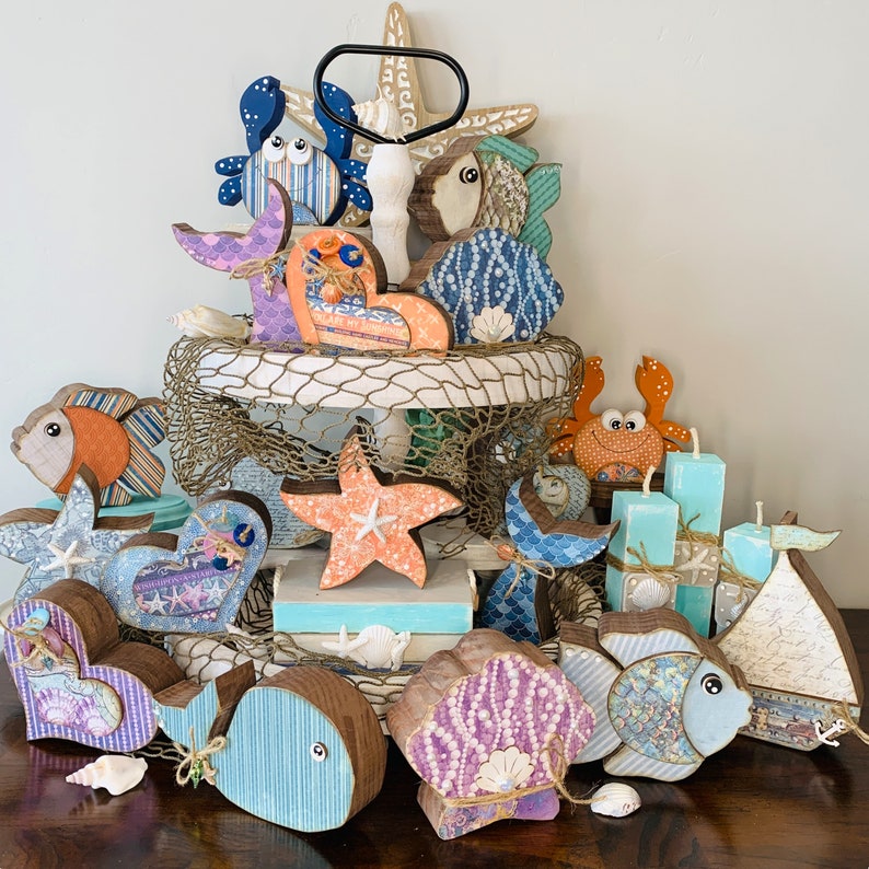 Tropical Fish Shelf Sitter Wood Decoration, Marine Life Tiered Tray ...
