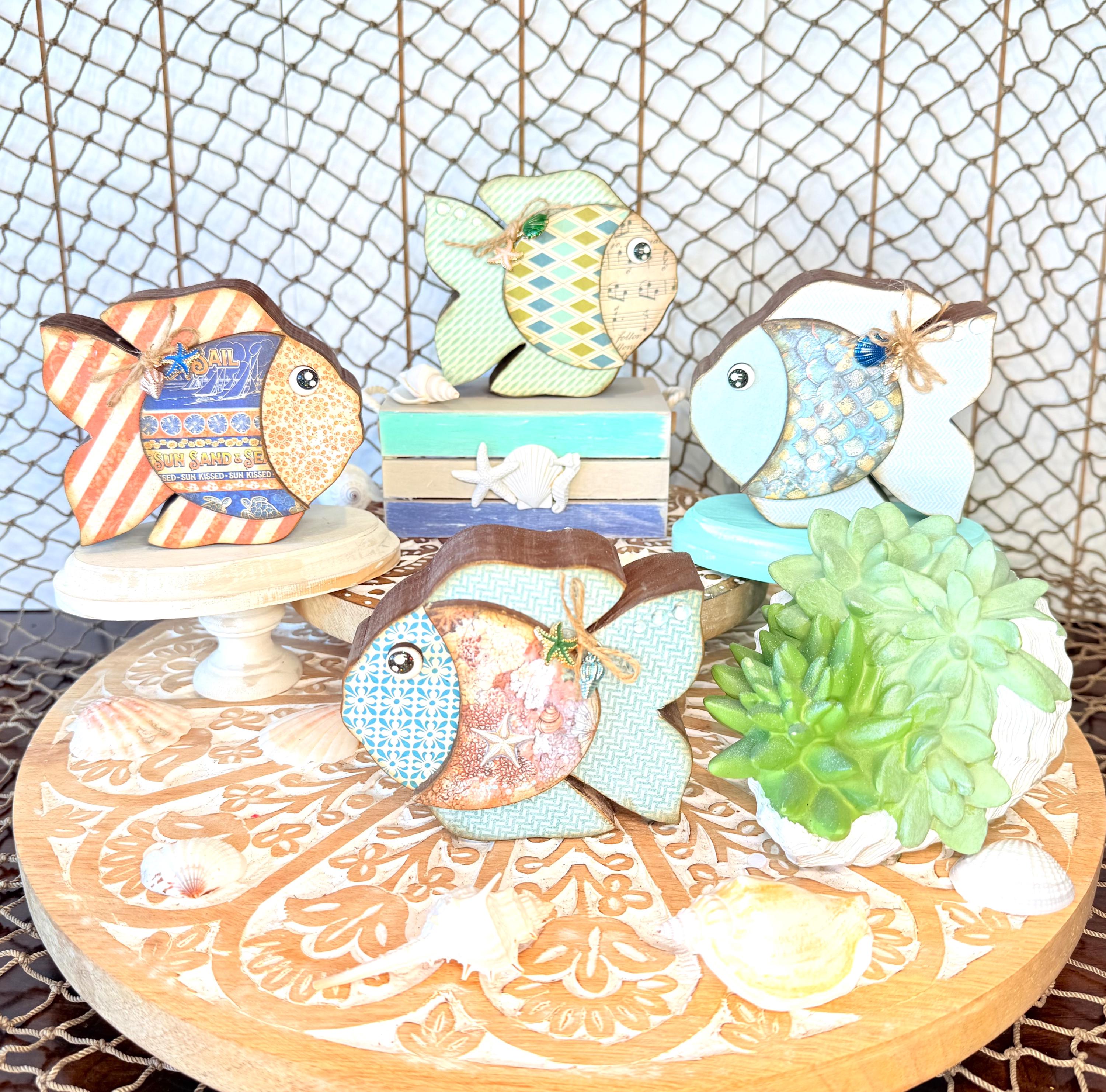 Tropical Fish Shelf Sitter Wood Decoration, Marine Life Tiered Tray ...