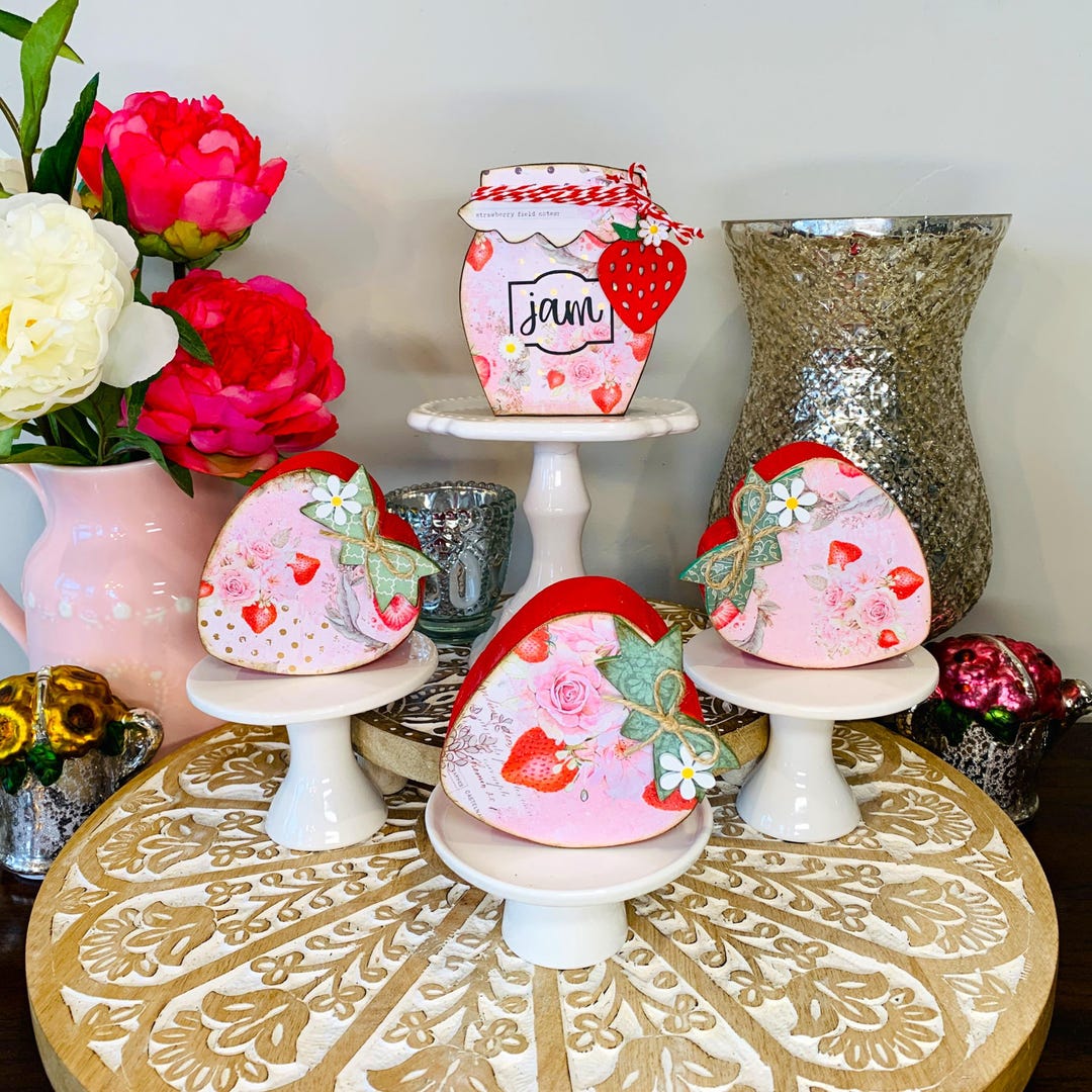 Wood Strawberry Chunky Shelf Sitter, Summer Farmhouse Strawberry Tier ...