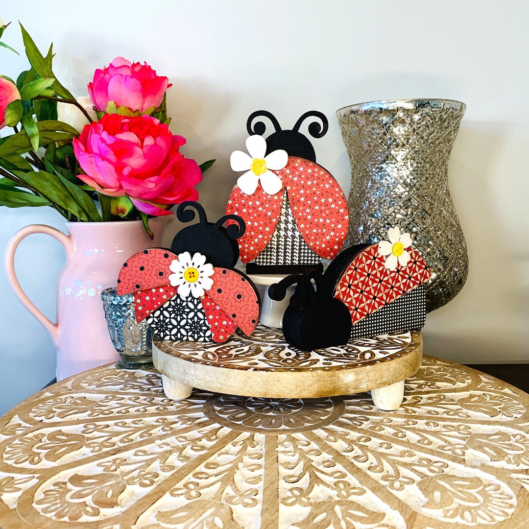 Wooden Ladybug Shelf Sitter Decoration, Spring Ladybug Tiered Tray ...