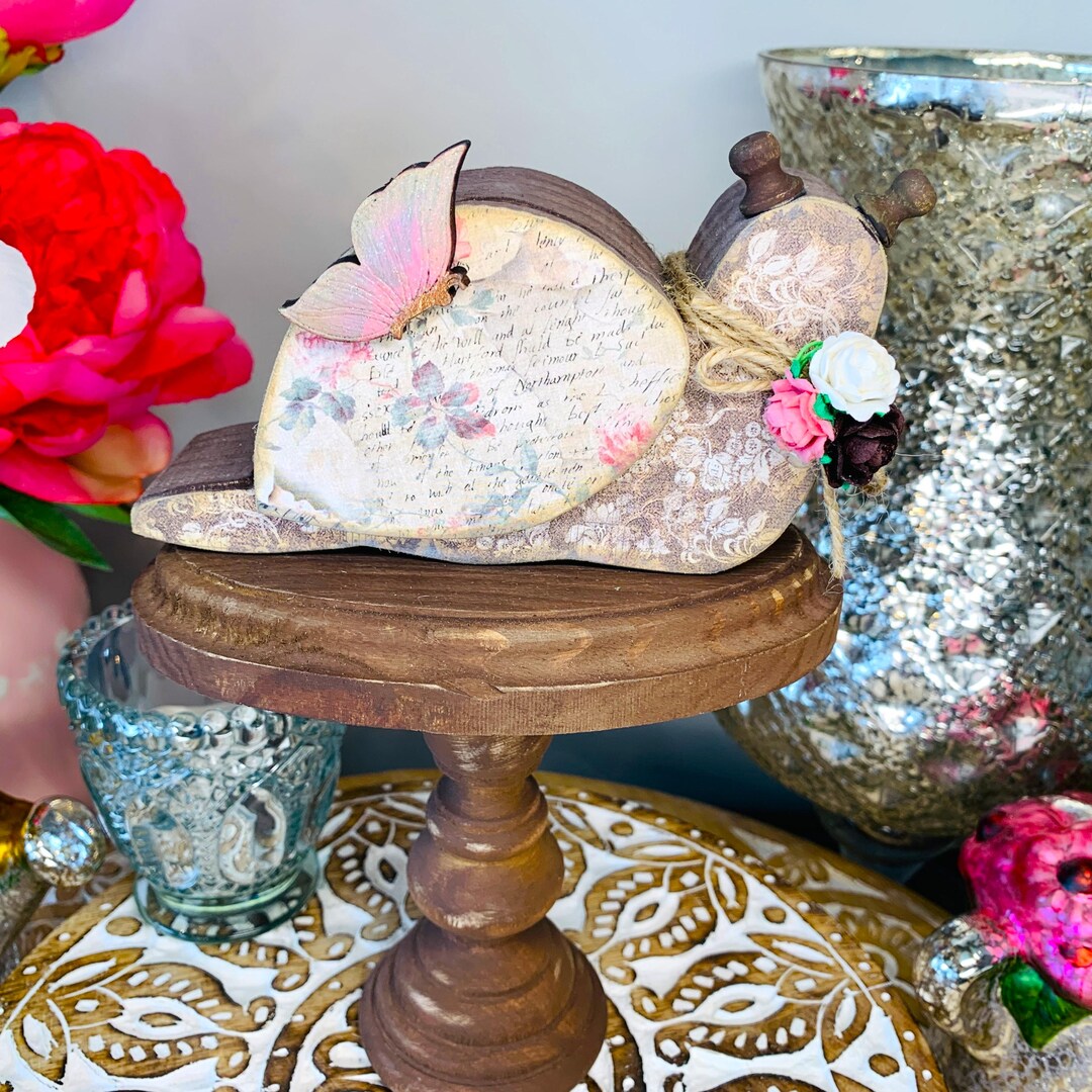 Handcrafted Garden Snail Wood Shelf Sitter Décor, Whimsical Fairy Theme ...