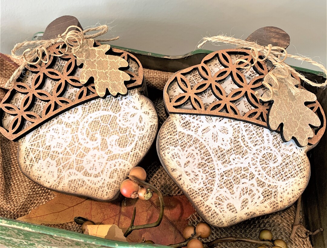RTS, Wood Acorn; Burlap, Lace Farmhouse, Acorn Decor; Fall, Autumn ...