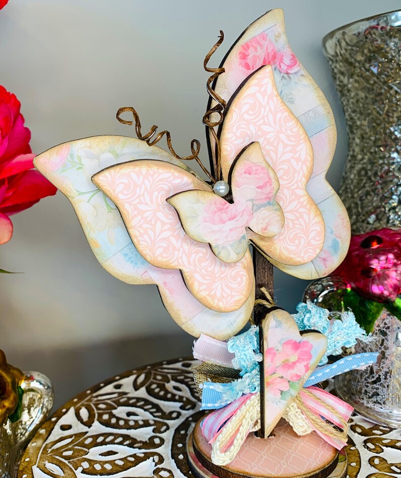 Floating Wood Butterfly on Stand, Spring Butterfly Shelf Sitter Decor ...