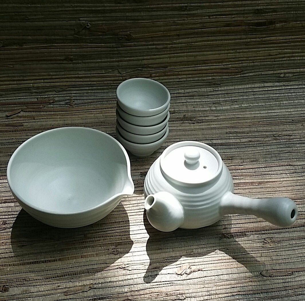 Asian All White Porcelain Tea Set Side Handle Tea Pot, Bowl and 5 Cups ...