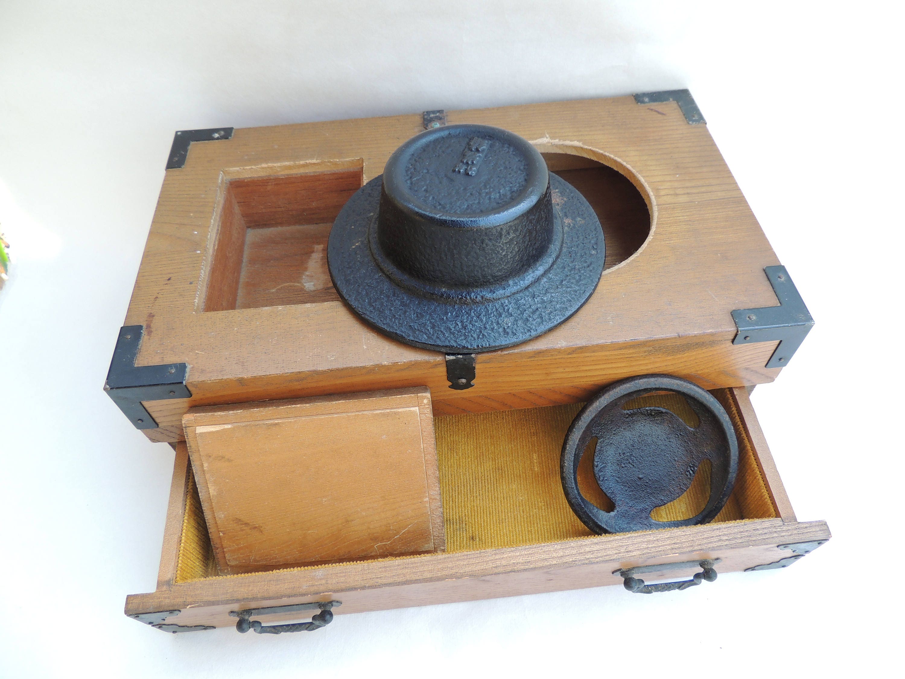 Vintage Asian Incense Chest Wooden Box Cast Iron Dish For Burn Incense