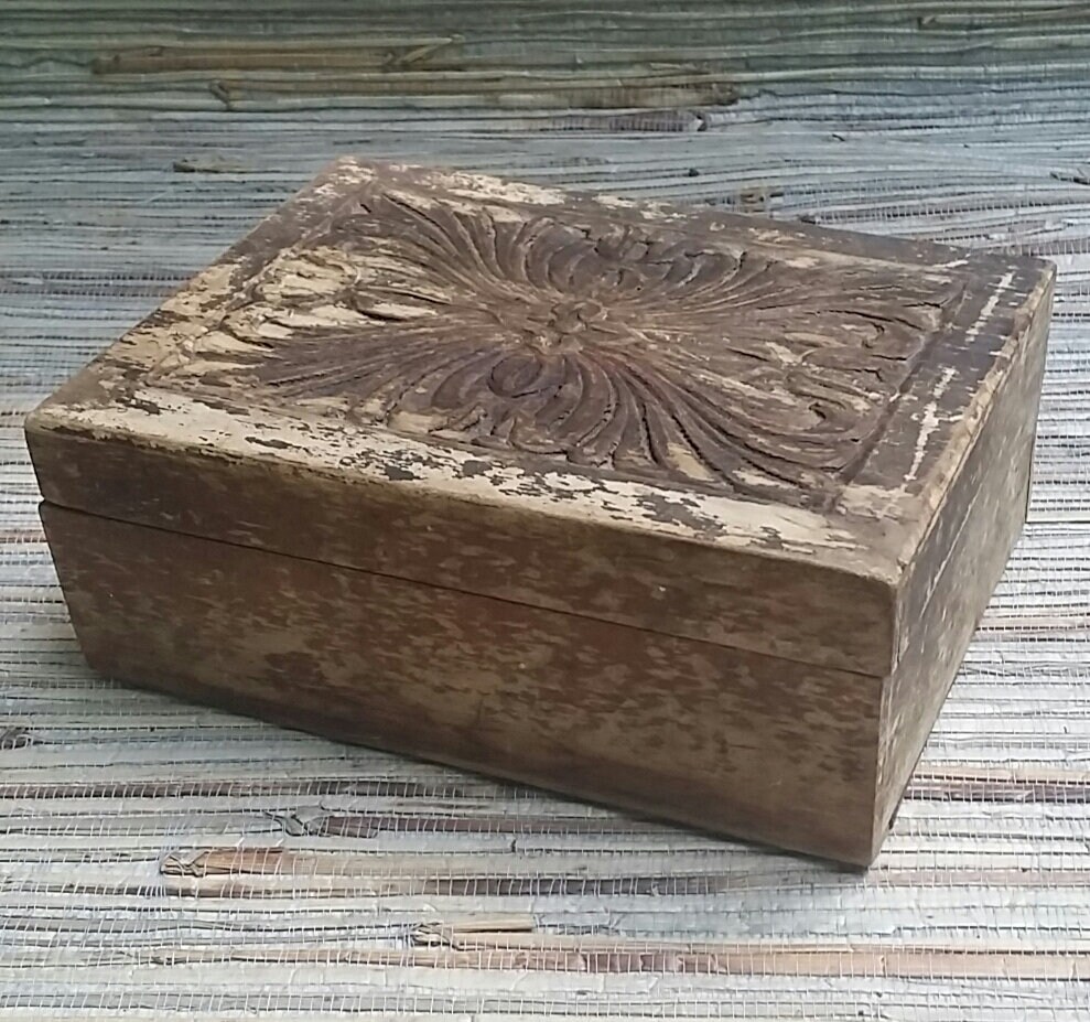 Primitive Box With Carved Lid Rustic Box Hand Made Treasure Brass ...
