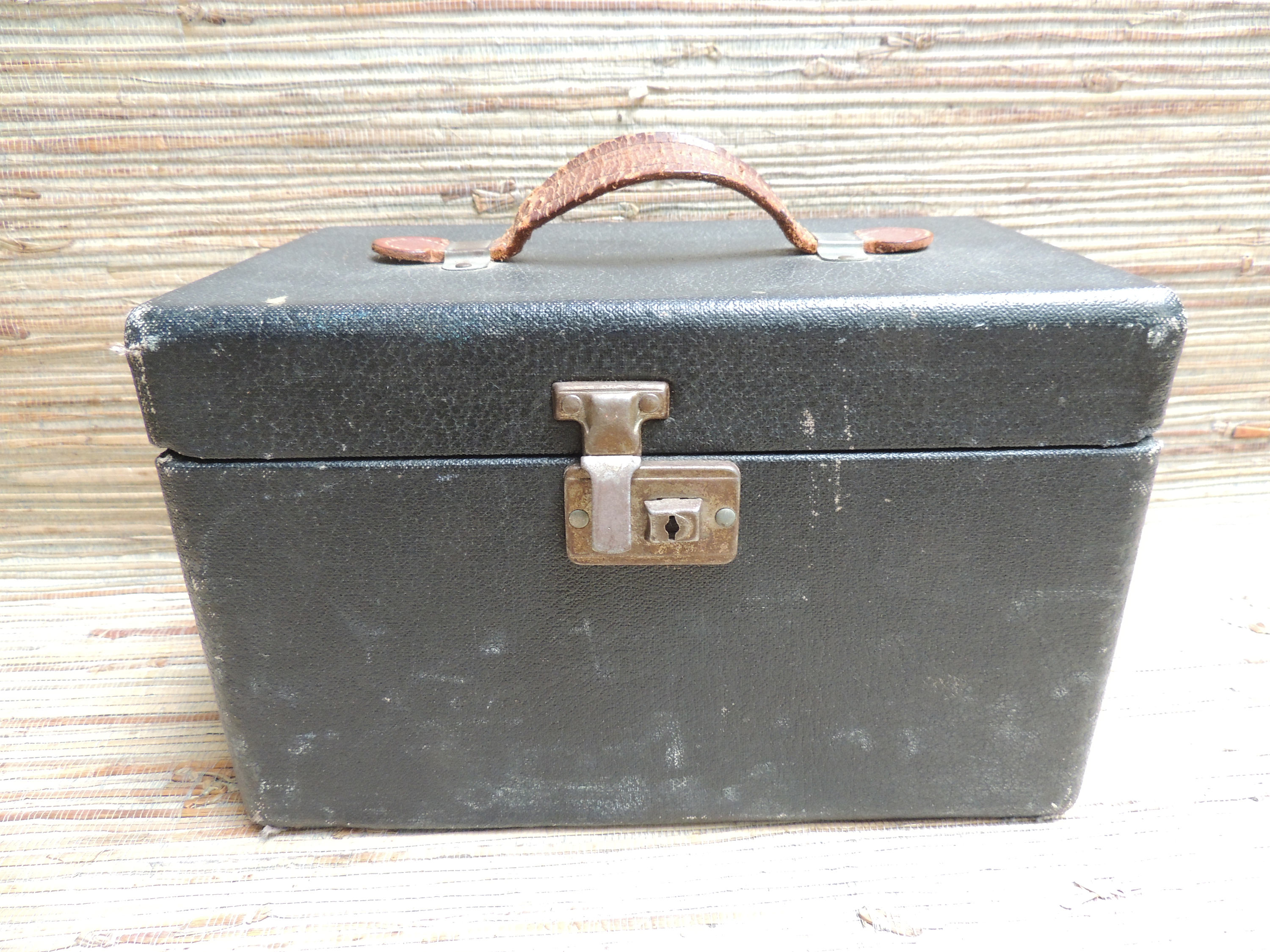 Little Black Vintage Train Case Cloth Covering Leather Handle