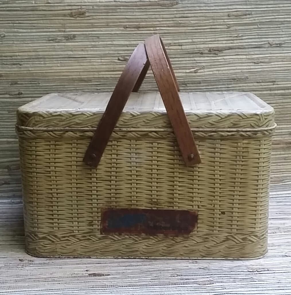 Vintage Decoware Large Picnic Basket Cookie Advertising Tin With Wooden ...