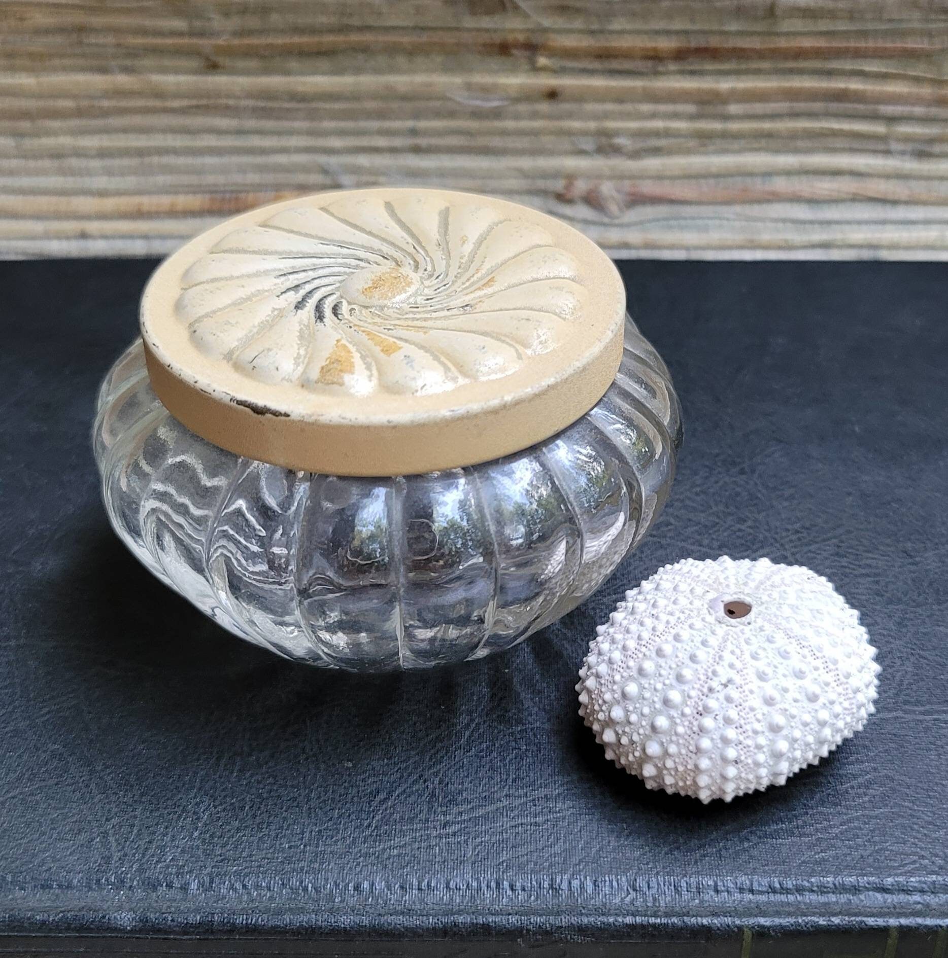 Vintage Powder Box Glass Jar With Metal Lid Old Paint Patina Antique Glass