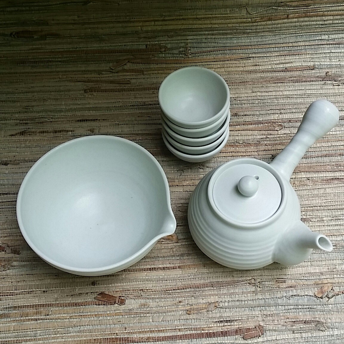 Asian All White Porcelain Tea Set Side Handle Tea Pot, Bowl and 5 Cups ...