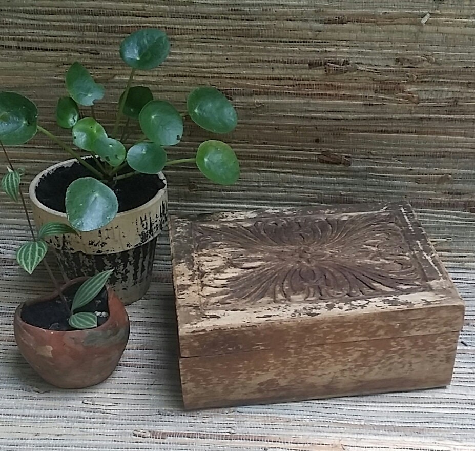 Primitive Box With Carved Lid Rustic Box Hand Made Treasure Brass ...
