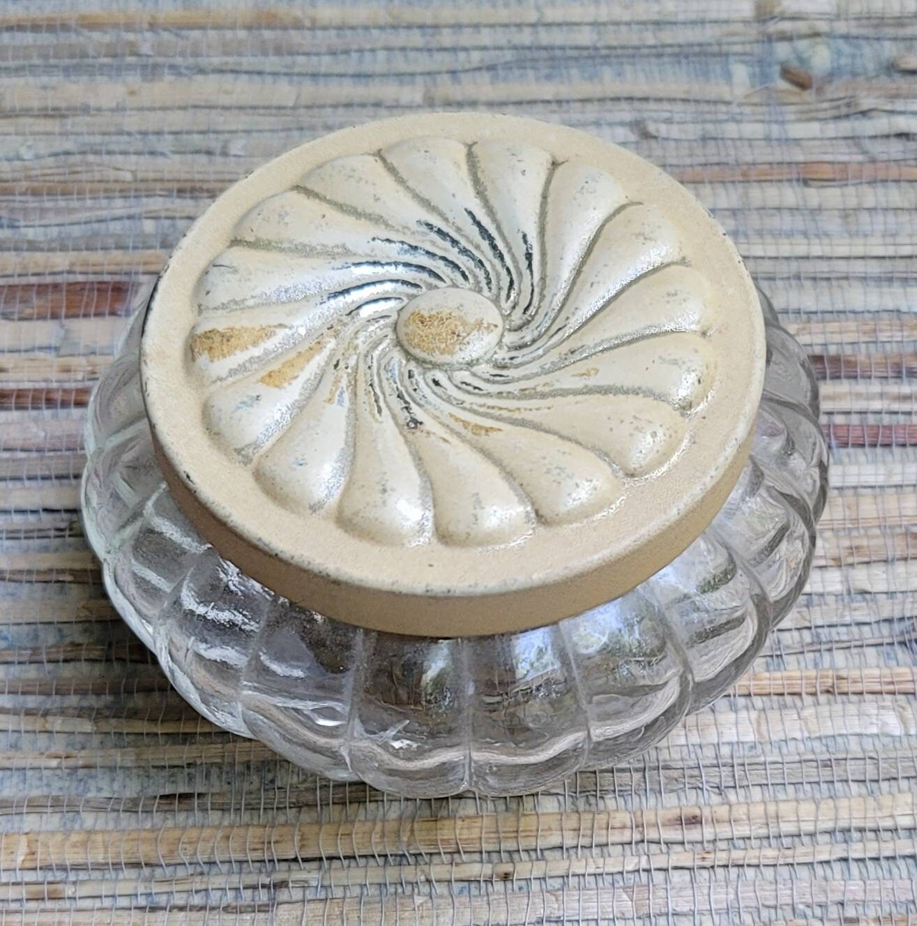 Vintage Powder Box Glass Jar With Metal Lid Old Paint Patina Antique Glass