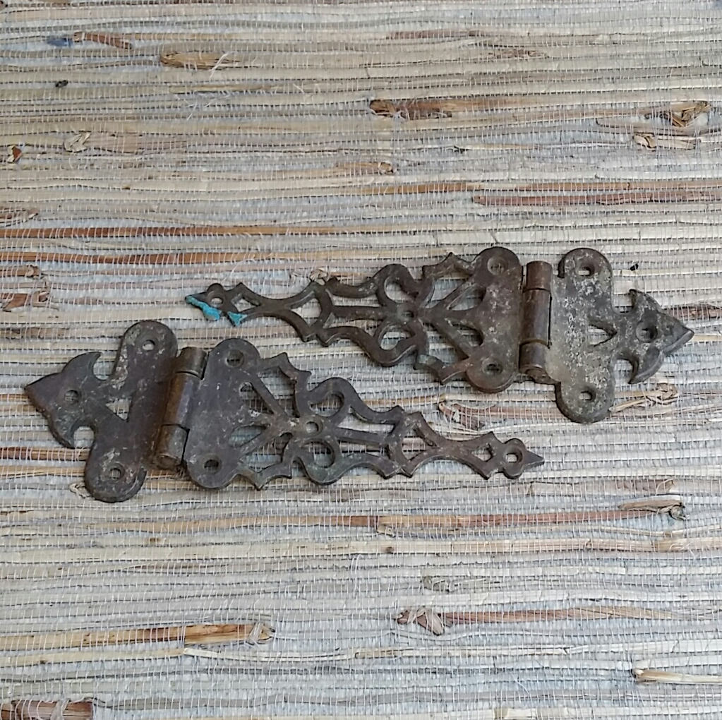 Set of 2 Antique Bronze Large Off-Set Hinges Beautiful Dark Patina