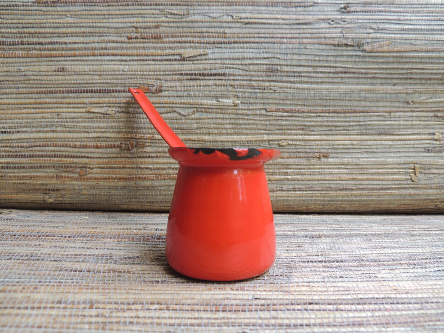 Polish Enamel Ware Small Melting Pot Turkish Coffee Red Orange