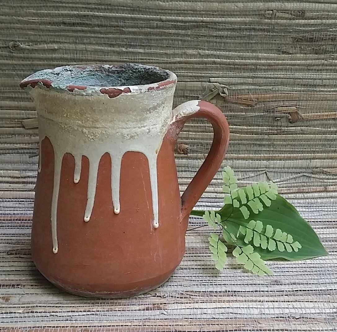 Rustic Terra Cotta Pitcher With White Drippy Chippy Paint/Glaze ...